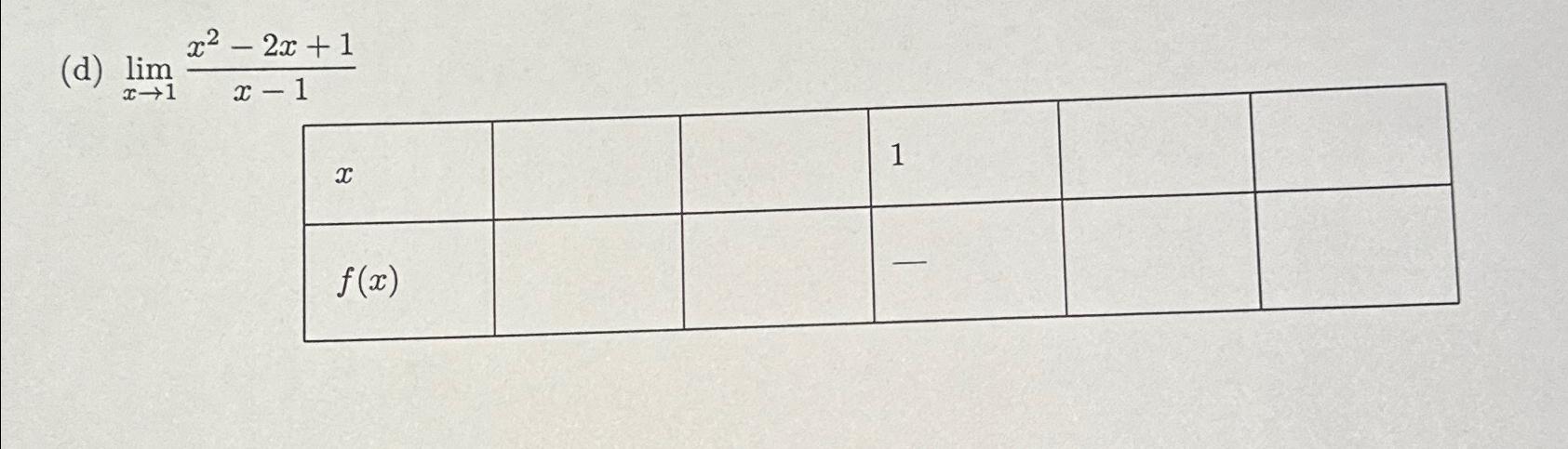 Solved (d) limx→1x2-2x+1x-1\table[[x,,,1,,],[f(x),,,-,,]] | Chegg.com