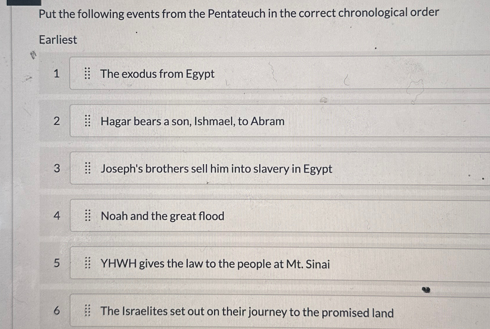 Solved Put the following events from the Pentateuch in the | Chegg.com