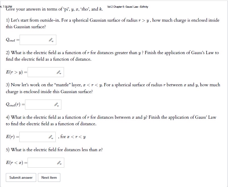 Solved 4, 7:38 ﻿PMG1ve your answers in terms of 'pi', y,x, | Chegg.com