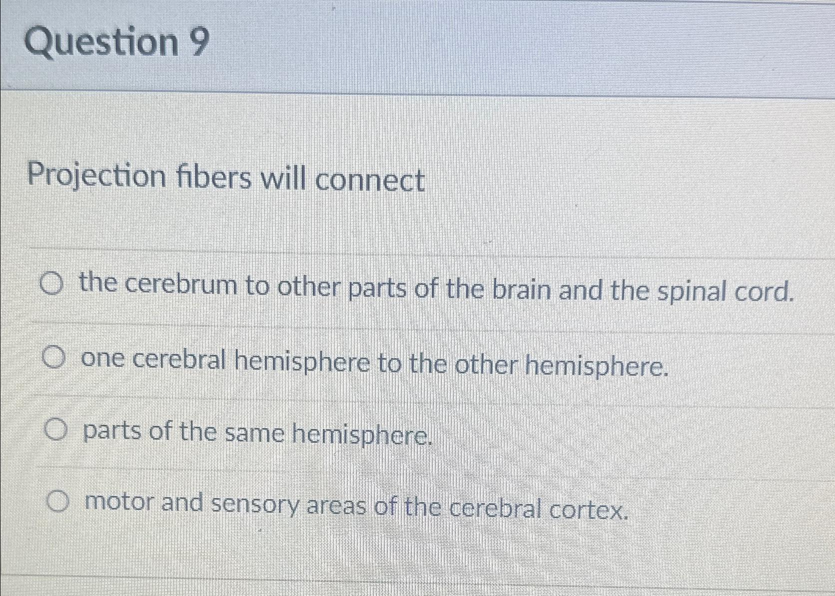 Solved Question 9Projection fibers will connectthe cerebrum | Chegg.com
