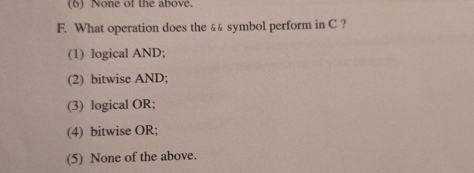 Solved F. ﻿What operation does the && symbol perform in C | Chegg.com