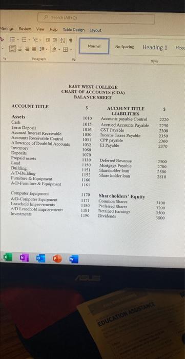 EASI WEST COLLEEE CHART OF ACrCOTINS (C.OA) HAIANVE | Chegg.com