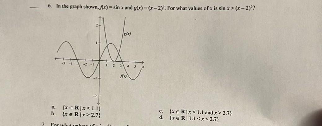 Solved 6. In the graph shown, f(x)=sinx and g(x)=(x−2)2. For | Chegg.com