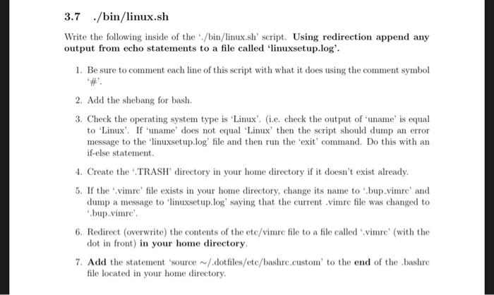 Solved 3.7 ./bin/linux.sh Write the following inside of the | Chegg.com