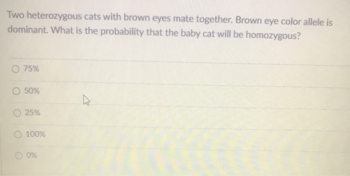 Solved Two heterozygous cats with brown eyes mate together. | Chegg.com