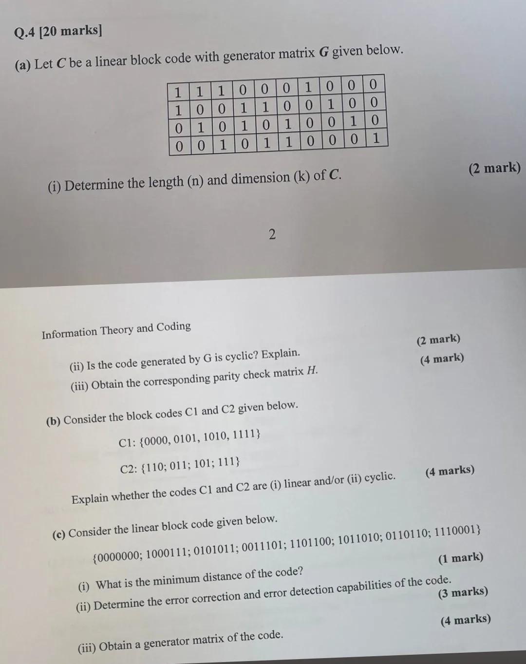 (a) Let C be a linear block code with generator | Chegg.com