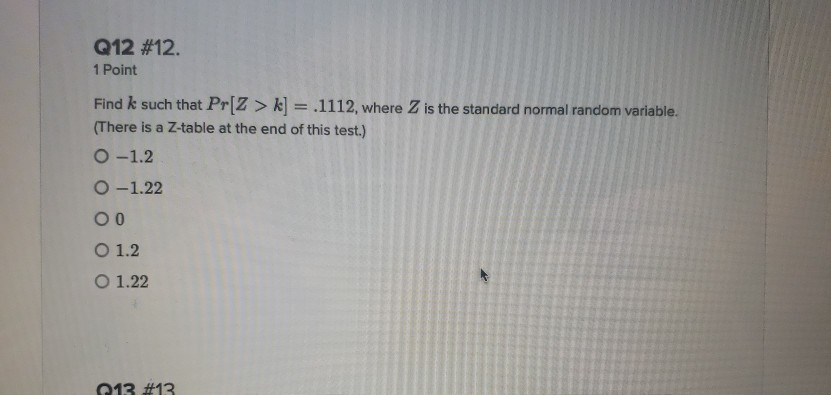 Solved Q12 #12 1 Point Find k such that Pr[Z > k] = .1112, | Chegg.com