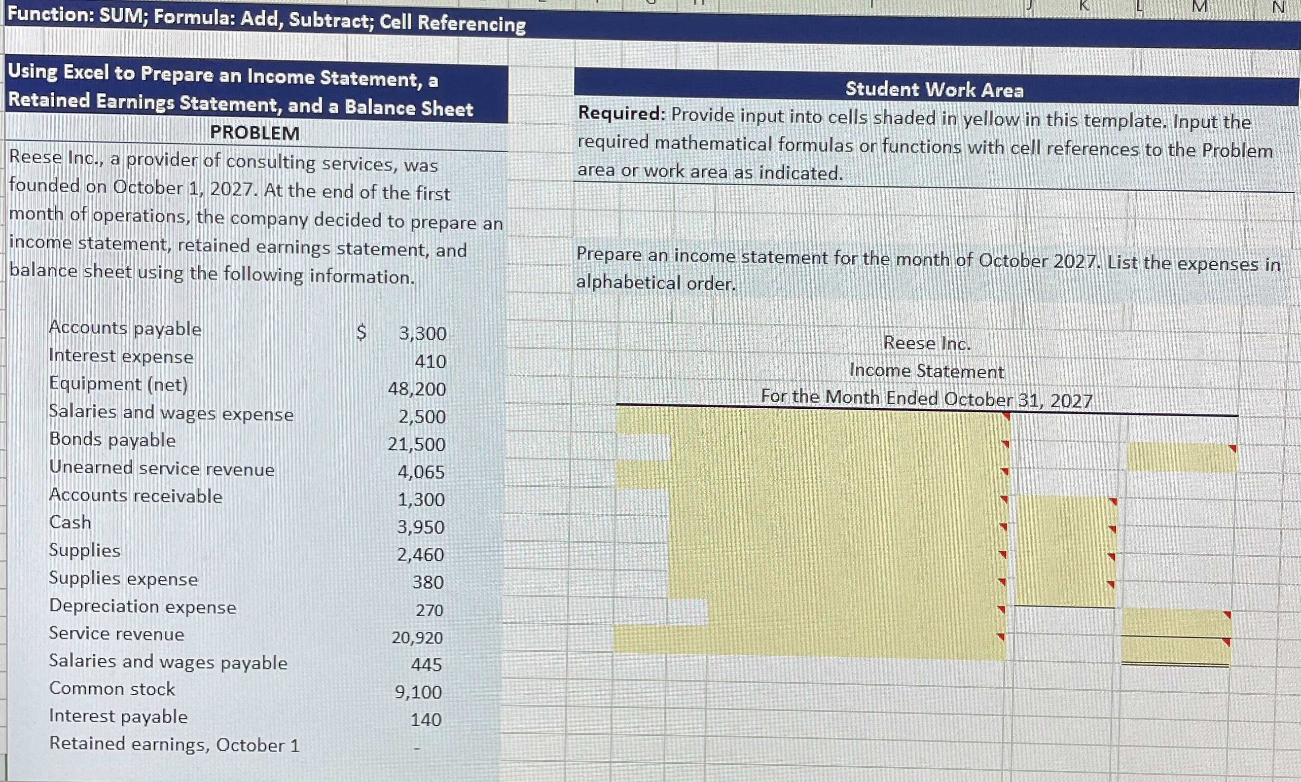 Function: SUM; Formula: Add, Subtract; Cell | Chegg.com