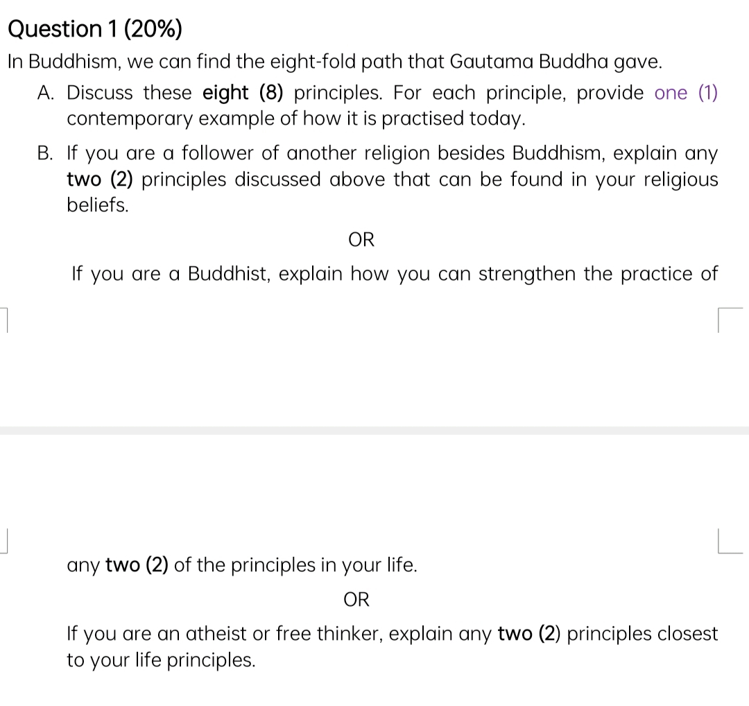 Question 1 (20%)In Buddhism, we can find the | Chegg.com