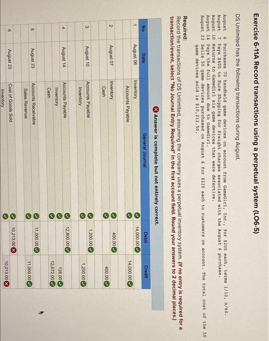 Solved Exercise 6-11A Record transactions using a perpetual | Chegg.com