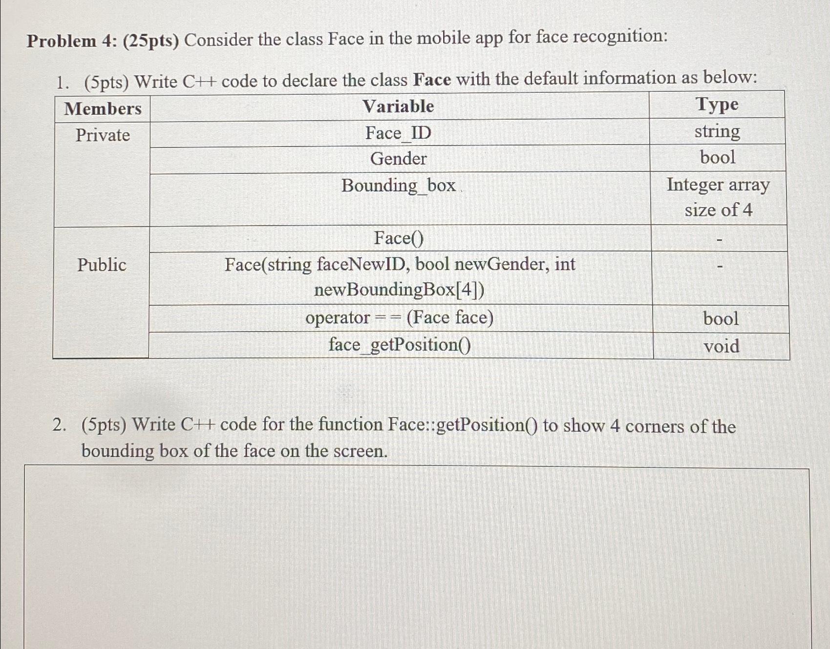 Solved Problem 4: (25pts) ﻿Consider the class Face in the | Chegg.com