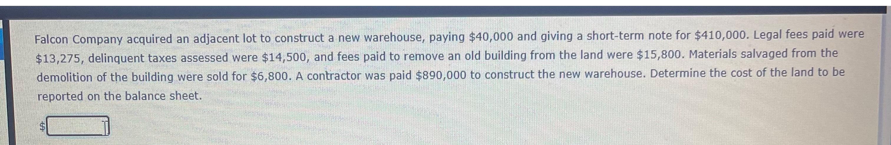 Solved Falcon Company acquired an adjacent lot to construct | Chegg.com