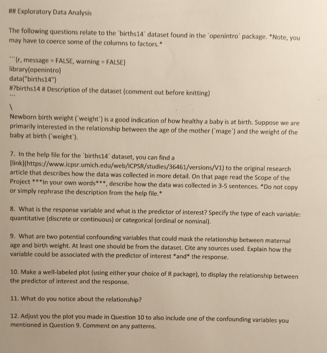 Exploratory Data Analysis The following | Chegg.com