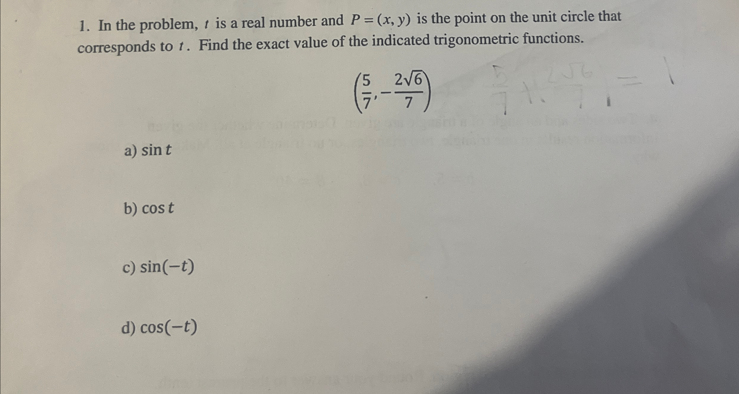 Solved In the problem, t ﻿is a real number and P=(x,y) ﻿is | Chegg.com