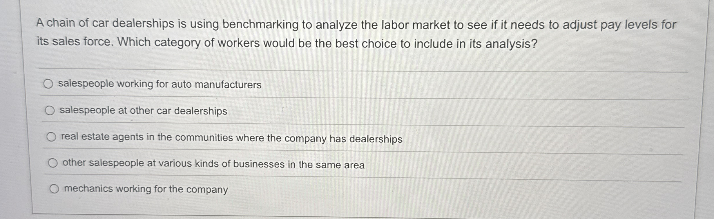 Solved A chain of car dealerships is using benchmarking to | Chegg.com