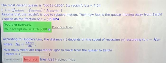 Solved The most distant quasar is "J0313-1806". Its redshift | Chegg.com