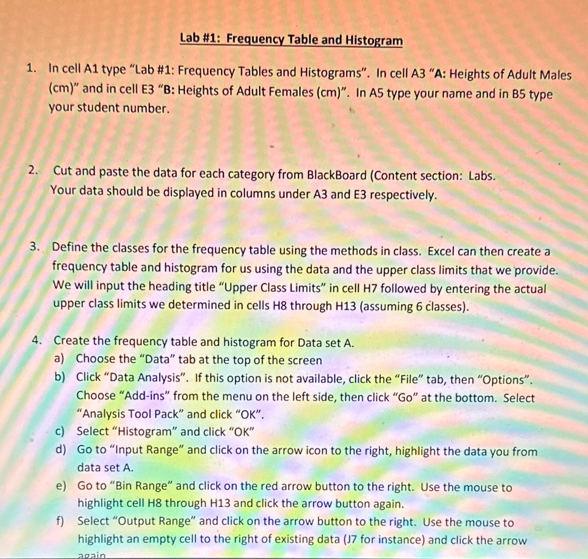 Solved In cell A1 ﻿type "Lab #1: Frequency Tables and | Chegg.com
