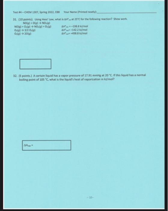 Test #4 - CHEM 1307, Spring 2022, EBB Your Name | Chegg.com