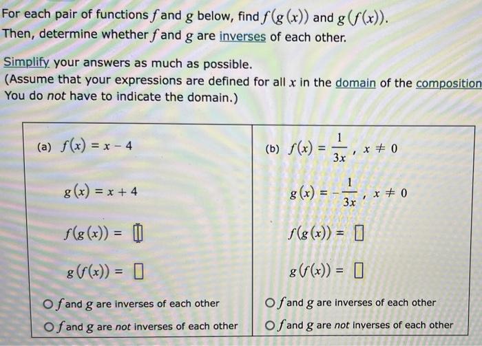 Solved For each pair of functions f and g below, find | Chegg.com