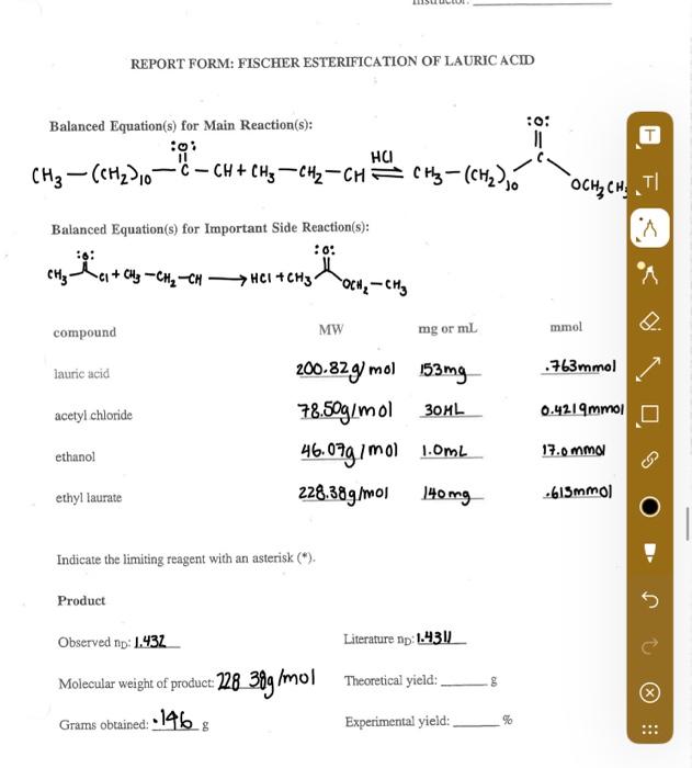 Solved REPORT FORM: FISCHER ESTERIFICATION OF LAURIC ACID | Chegg.com