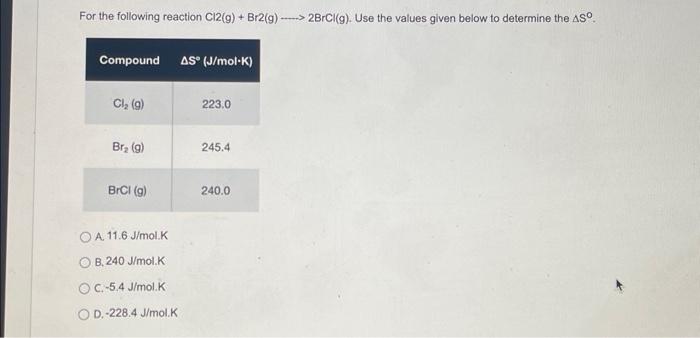 Solved For the following reaction Cl2( g)+Br2( g) 2BrCl(g). | Chegg.com