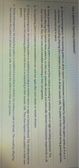 Solved How is gonomic imprinting maintained? During | Chegg.com