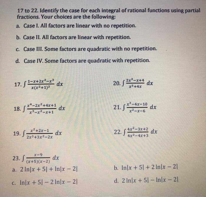 Solved 17 to 22. Identify the case for each integral of | Chegg.com