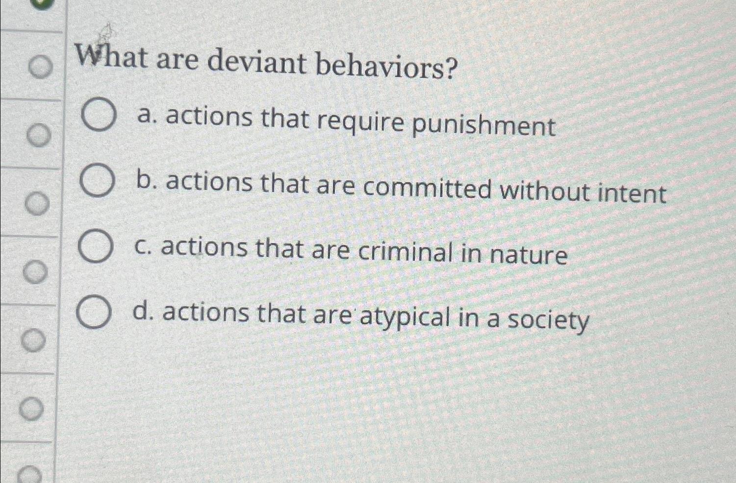 Solved What are deviant behaviors?a. ﻿actions that require | Chegg.com