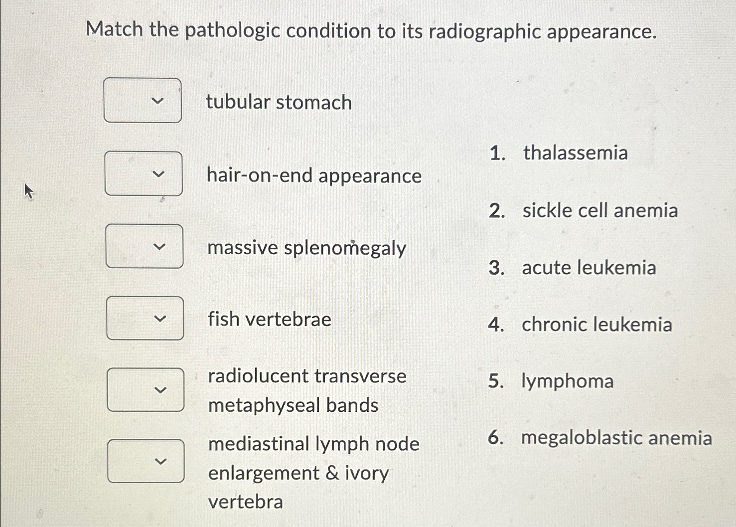 Solved Match the pathologic condition to its radiographic | Chegg.com