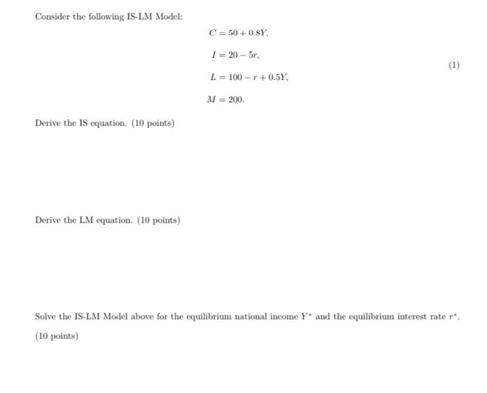 Consider the following IS-LM Model: | Chegg.com