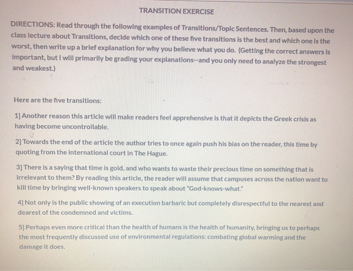 Solved TRANSITION EXERCISE DIRECTIONS: Read through the | Chegg.com