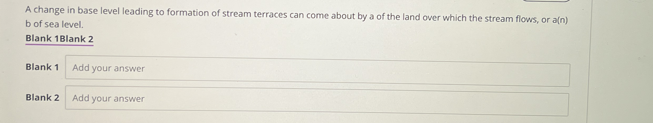 Solved A change in base level leading to formation of stream | Chegg.com