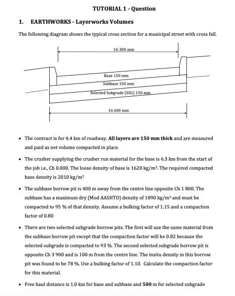Solved transportation 1. TUTORIAL 1 - Question EARTHWORKS - | Chegg.com