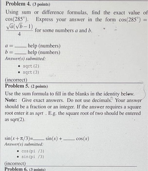 Solved Problem 4. (3 points) Using sum or difference | Chegg.com