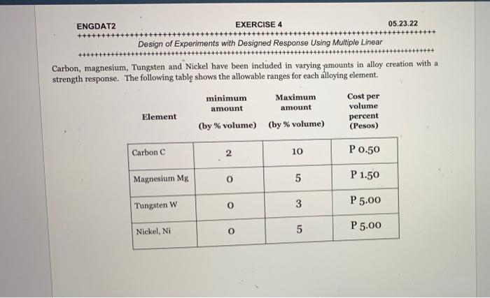 ENGDAT2 EXERCISE 4 05.23.22 Design of Experiments | Chegg.com