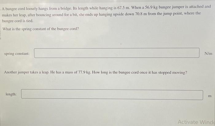Solved A bungee cord loosely hangs from a bridge. Its length | Chegg.com