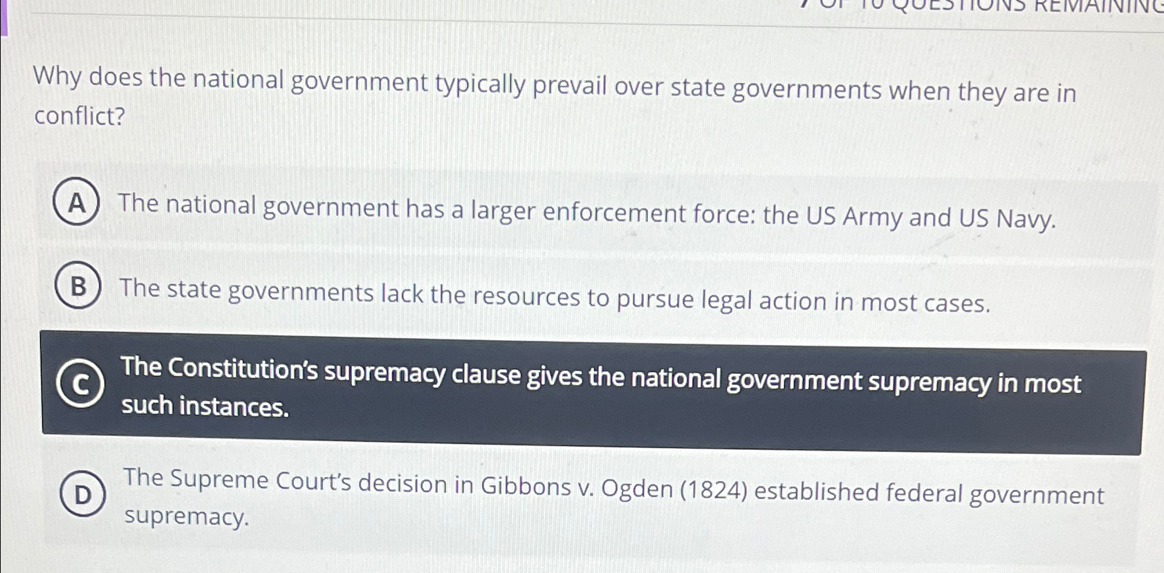 Solved Why does the national government typically prevail | Chegg.com