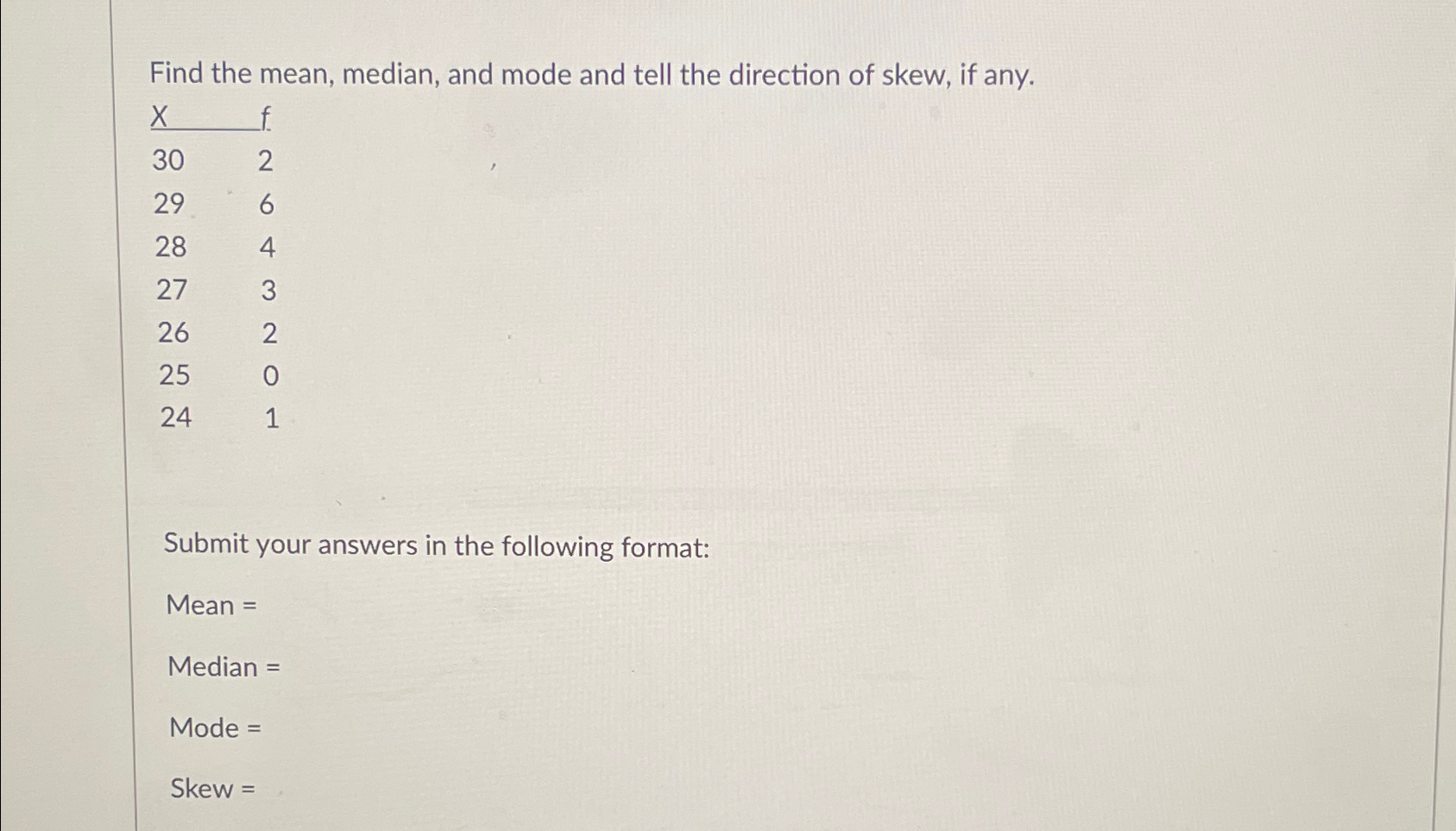 Solved Find the mean, median, and mode and tell the | Chegg.com