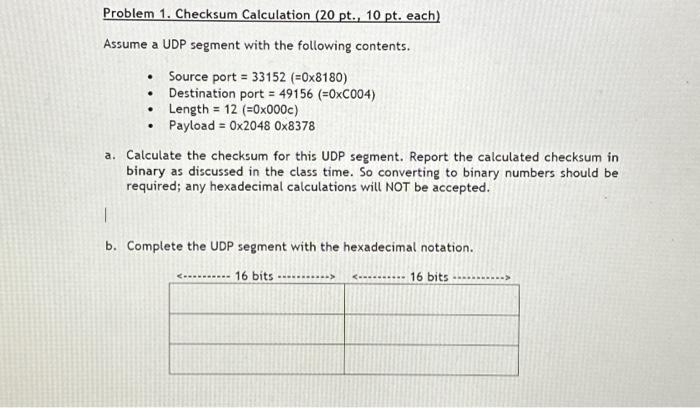 Solved Problem 1 Checksum Calculation 20 Pt 10 Pt Each