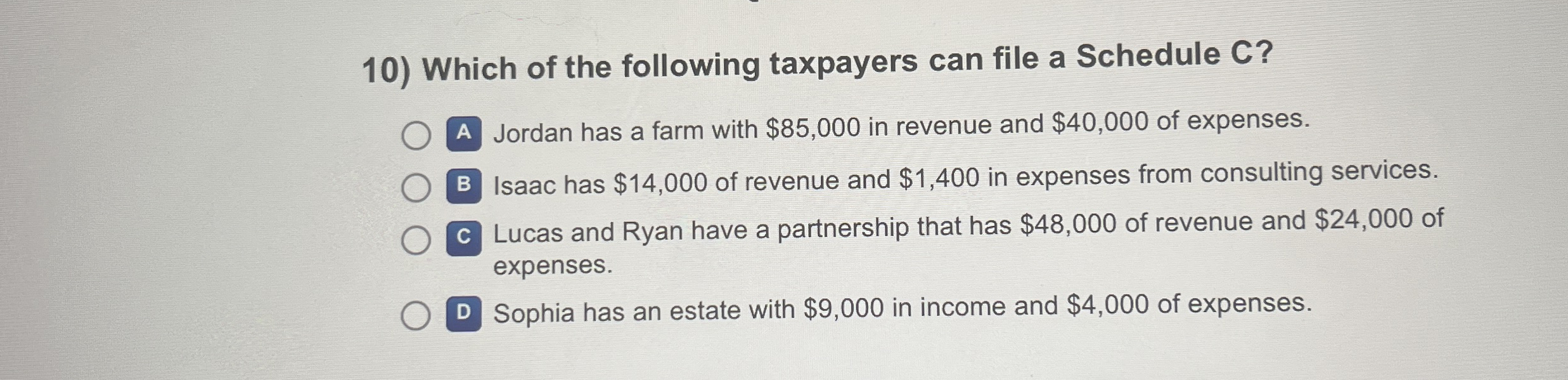 Solved Which of the following taxpayers can file a Schedule | Chegg.com