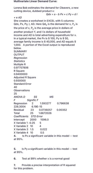 Solved Multivariate Linear Demand Curve Lorena Bob 