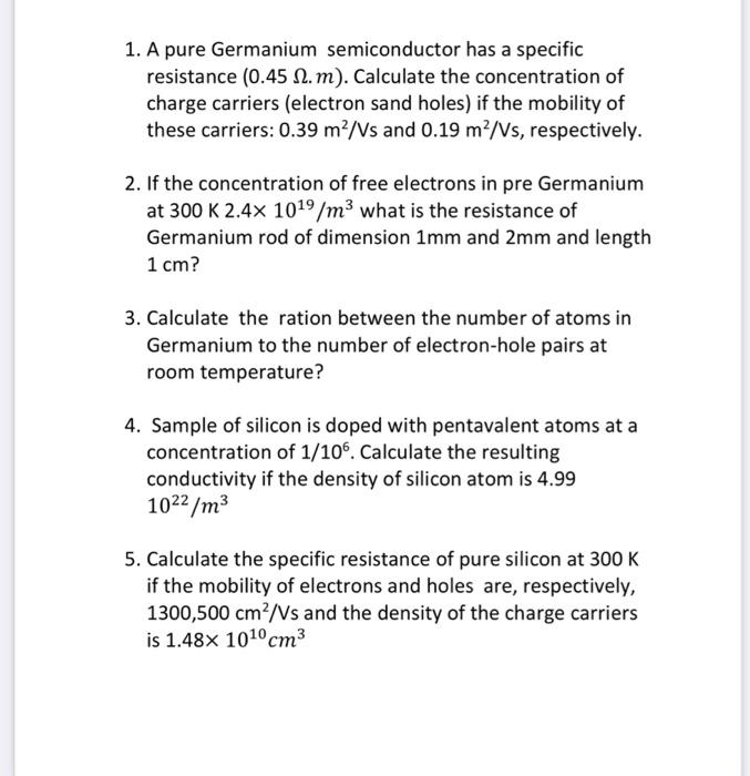 Solved 1. A pure Germanium semiconductor has a specific | Chegg.com