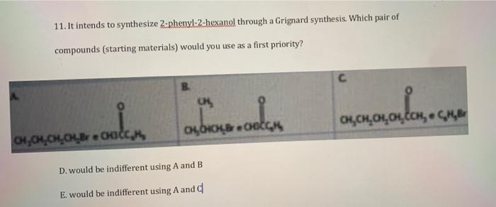 Solved 11. It intends to synthesize 2-phenyl-2-hexanol | Chegg.com