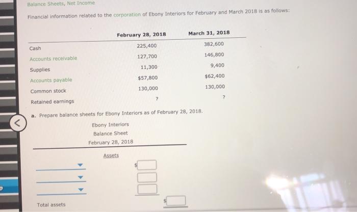Solved Balance Sheets, Net Income Financial information | Chegg.com