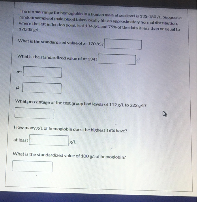 Solved The normal range for hemoglobin in a human male at | Chegg.com