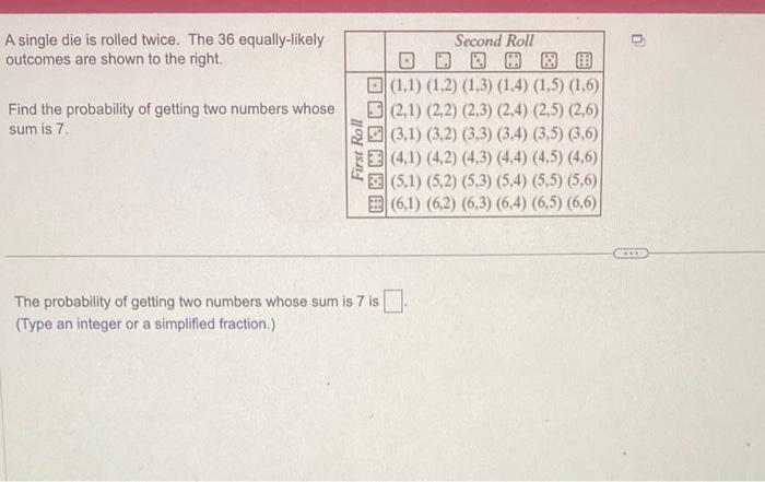 Solved A single die is rolled twice. The 36 equally-likely | Chegg.com