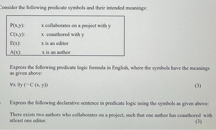Solved Consider the following predicate symbols and their | Chegg.com Solved Consider the following predicate symbols and their | Chegg.com
