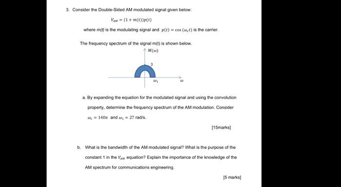 Solved 3. Consider the Double-Sided AM modulated signal | Chegg.com
