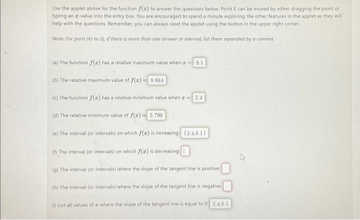 Solved Use the applet above for the function f(x) to answer | Chegg.com