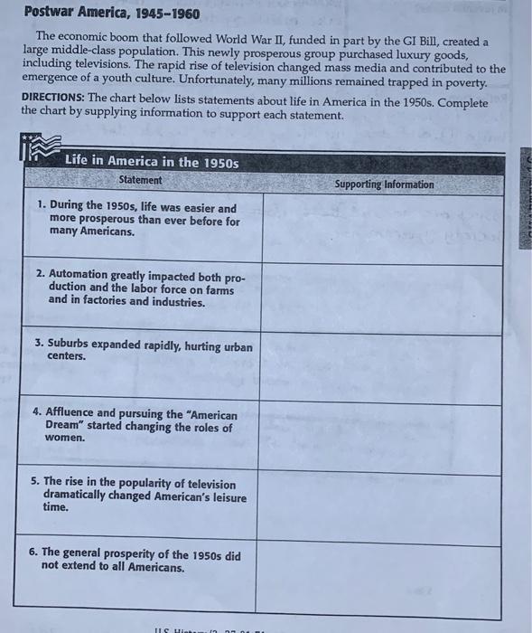 Solved Postwar America, 1945-1960 The economic boom that | Chegg.com